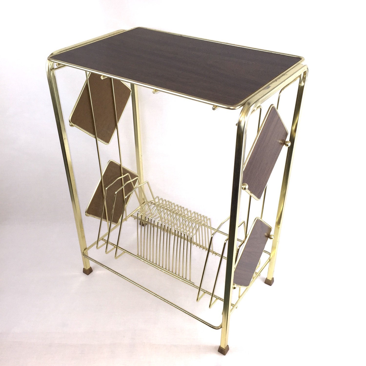 Mid Century Record Player And Record Storage Table-Retro Gold Tone ...