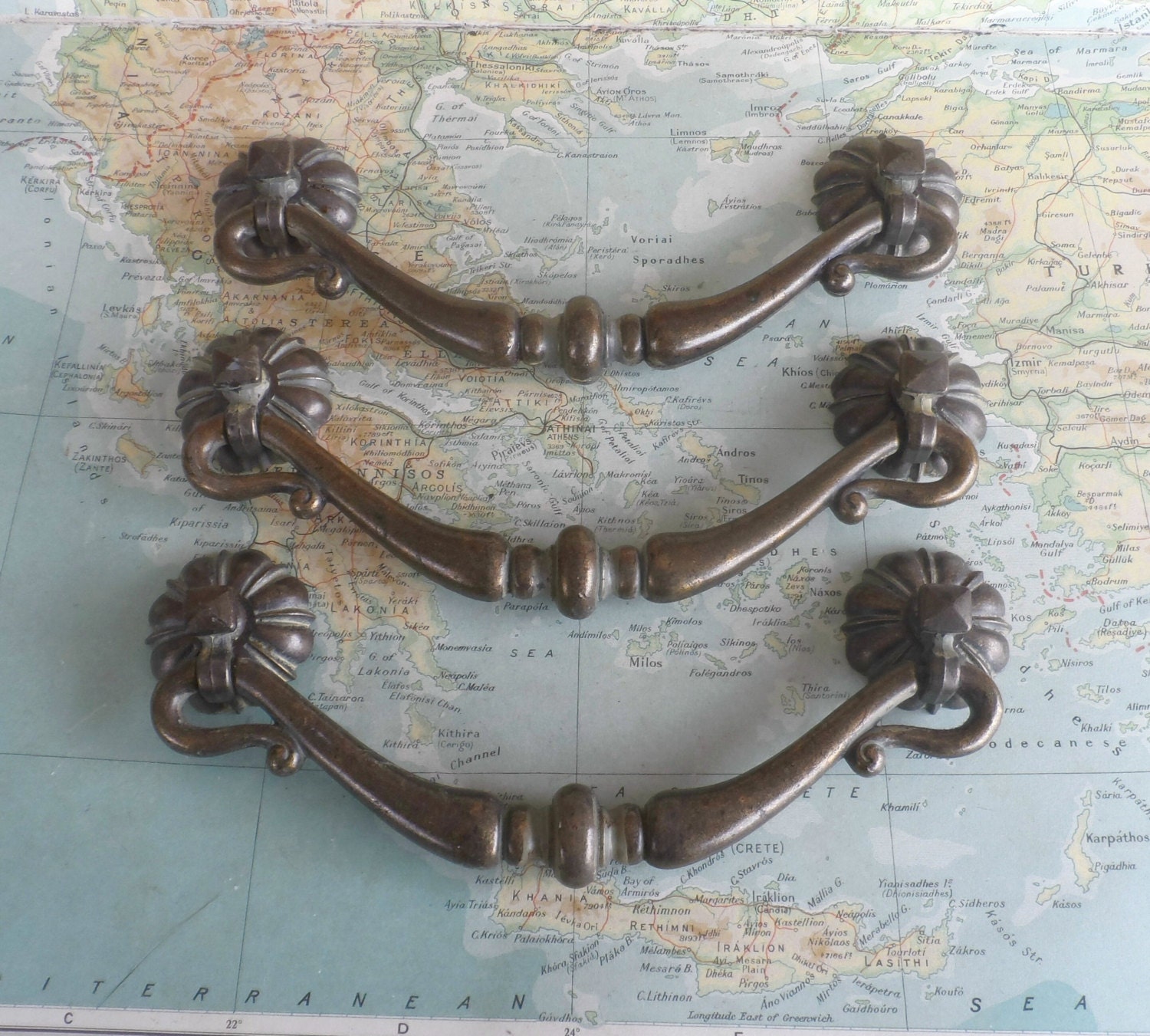 SALE! 3 vintage wide brass metal bail pull handles with flower rosettes ...