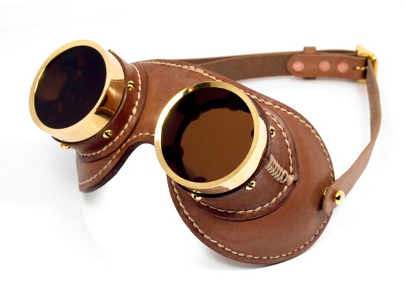 STEAMPUNK GOGGLES tan leather polished brass AVIATOR by MannAndCo