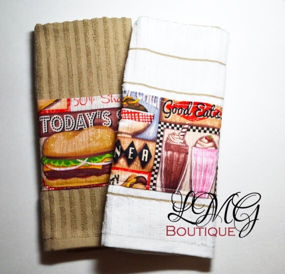 Items similar to Kitchen Towels - Diner Food kitchen towels - Hand ...
