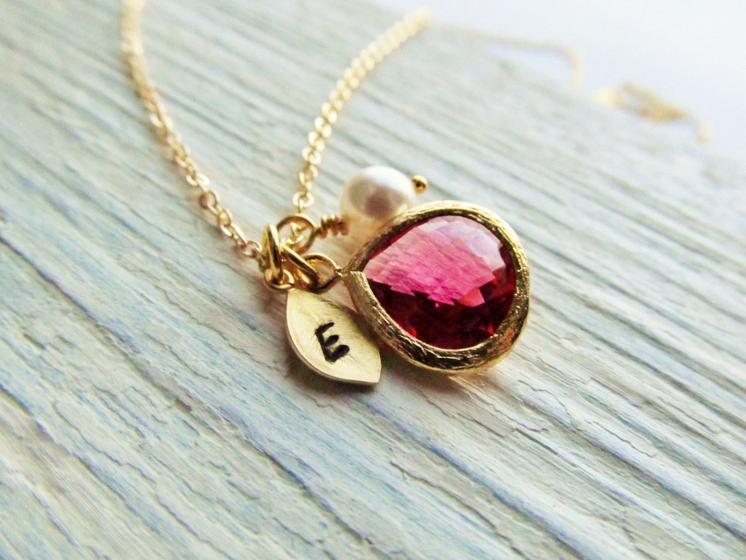 Ruby Necklace Gold July Birthstone Necklace Leaf Initial