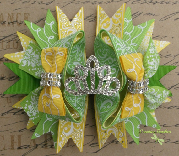 Tiana Hair Bow Tiara Bow Yellow and Green Princess