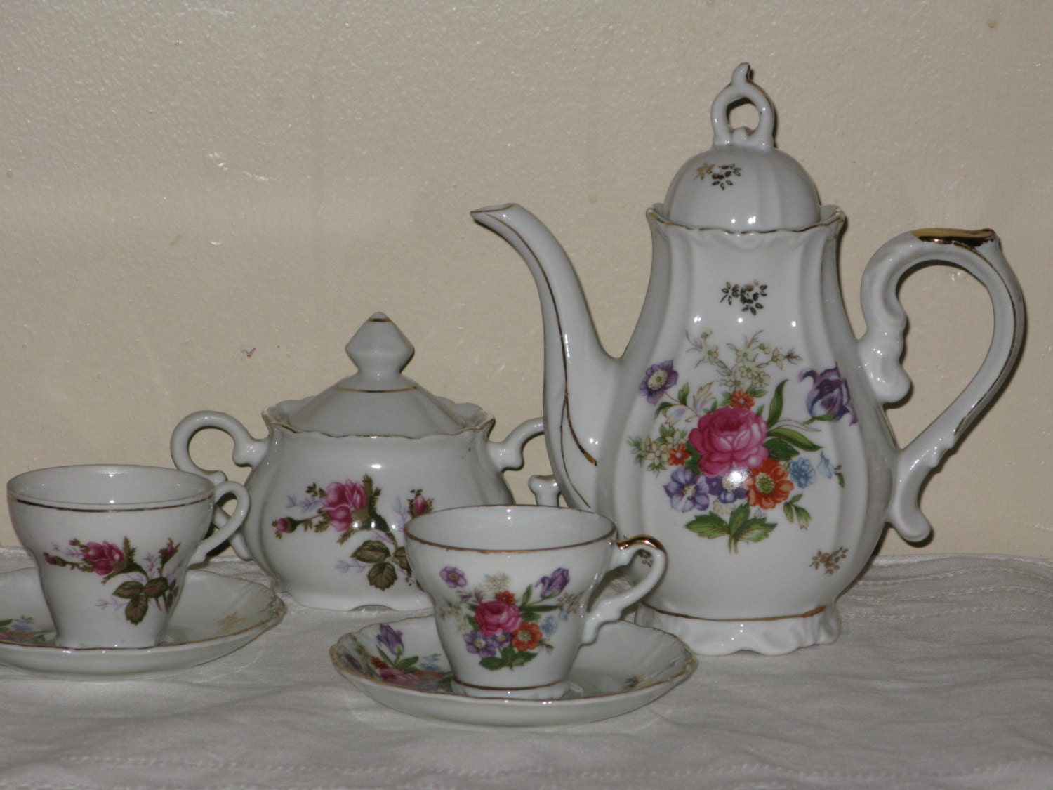 Vintage Multicolor Bouquet Tea Set Floral Porcelain Coffee Pot Demi ...