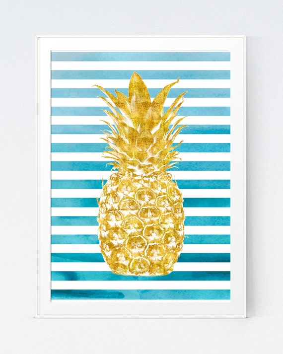 Gold Blue Pineapple Print Gold Pineapple Art California