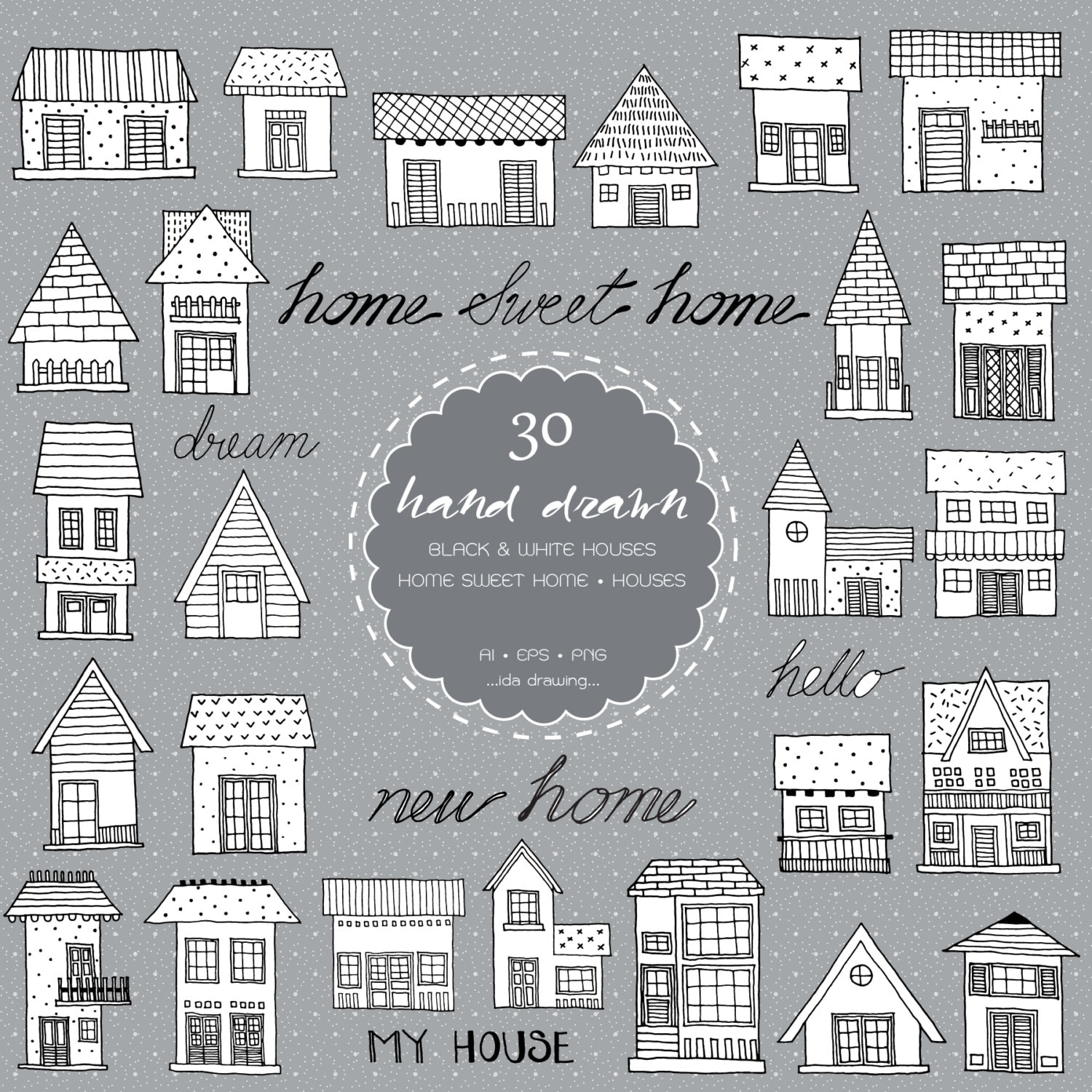 30 Black and White Home Sweet Home Digital Clip Art Houses