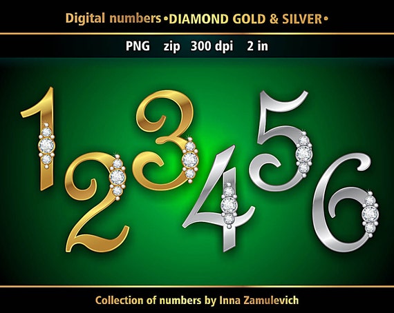 Digital numbers clip art. Gold and silver with diamonds clipart ...