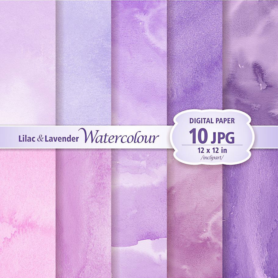 Lilac & Lavender Watercolour Digital Paper Clip Art. Set of 10