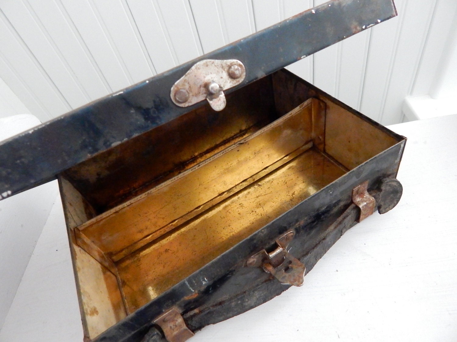 Rustic Black Metal Box with Leather Handle – Two Interior Compartments ...