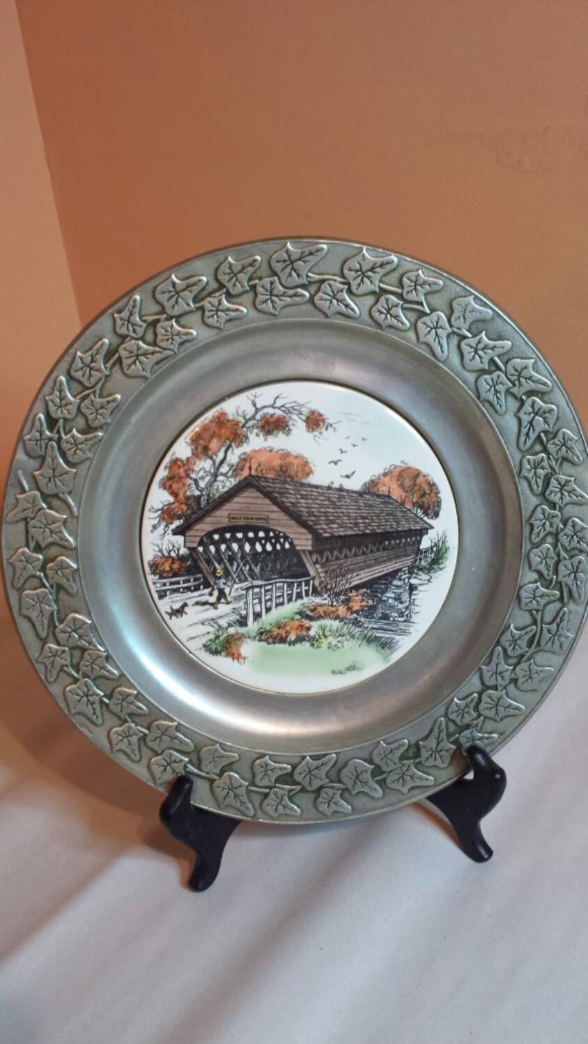 Wilton Armetale Pewter Plate Depicting a Covered Bridge in tge