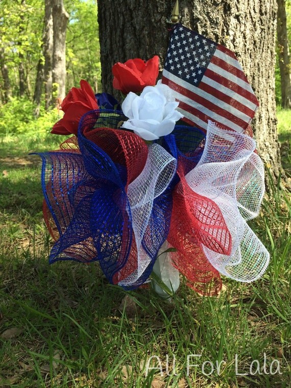Patriotic Cemetery Vase Red White Blue Roses and Deco Mesh