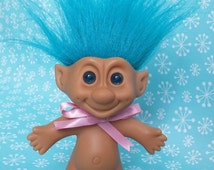 Vintage kitsch troll gonk doll toy with blue turquoise hair and eyes