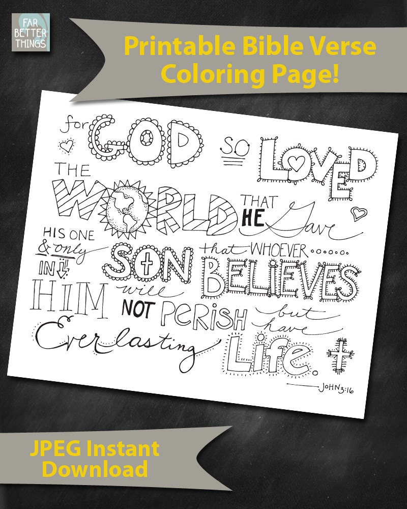 Bible Verse Coloring Page // John 3:16 // by FarBetterThings0