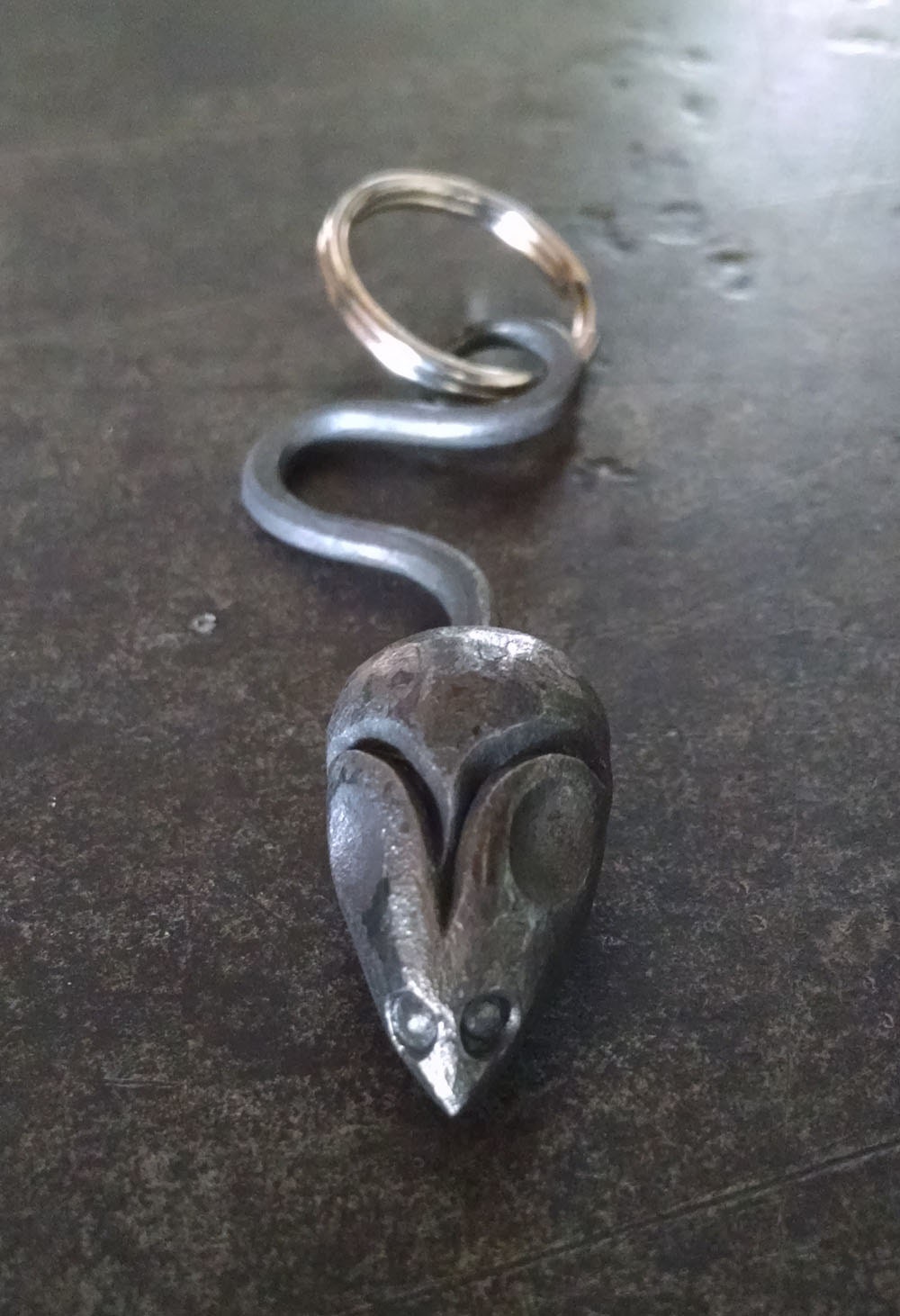 Hand forged iron keychain mouse with keyring