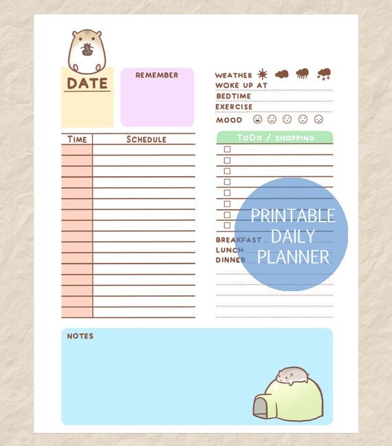Printable Cute Hamster Daily Planner Cute Hamster Theme Day