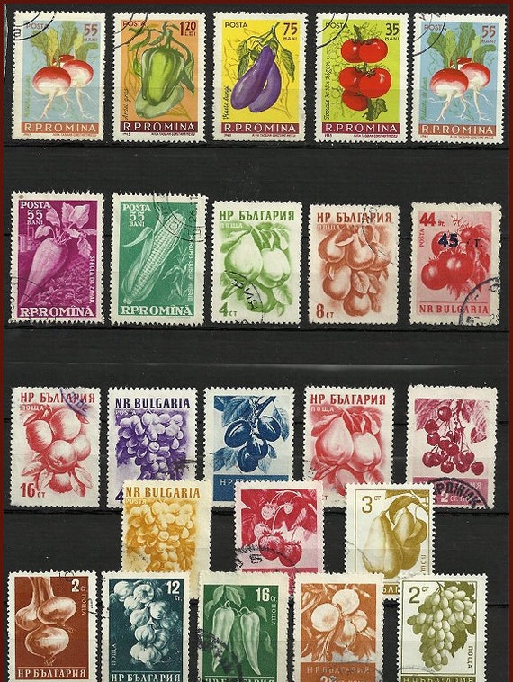 Fruit and vegetables on postage stamps by stampsandmore on Etsy