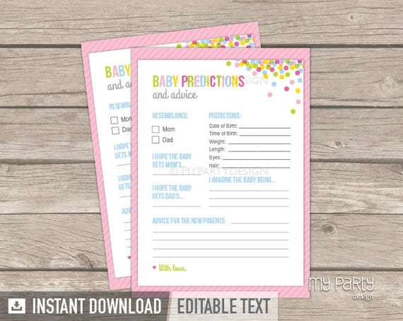 Baby Predictions and Advice Card - Baby Sprinkle - Baby Shower Game ...