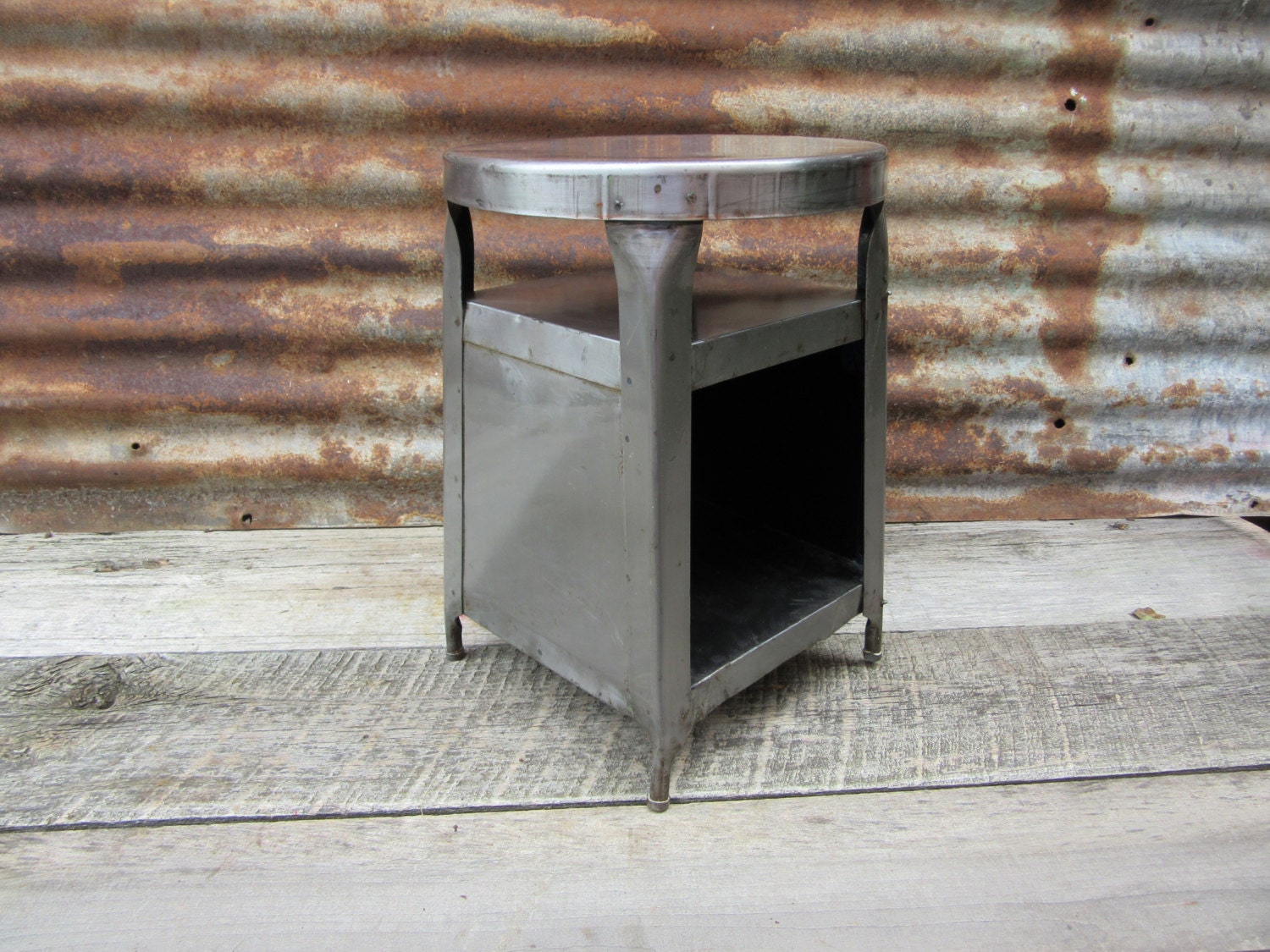 Vintage Metal Industrial Stool with Storage Compartment Small Size vtg ...