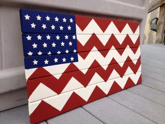 Wooden Hand Painted American Flag with Chevron Design