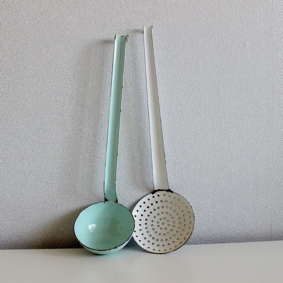 Vintage French enamel utensils in mint and white – Ladle & Skimmer ...
