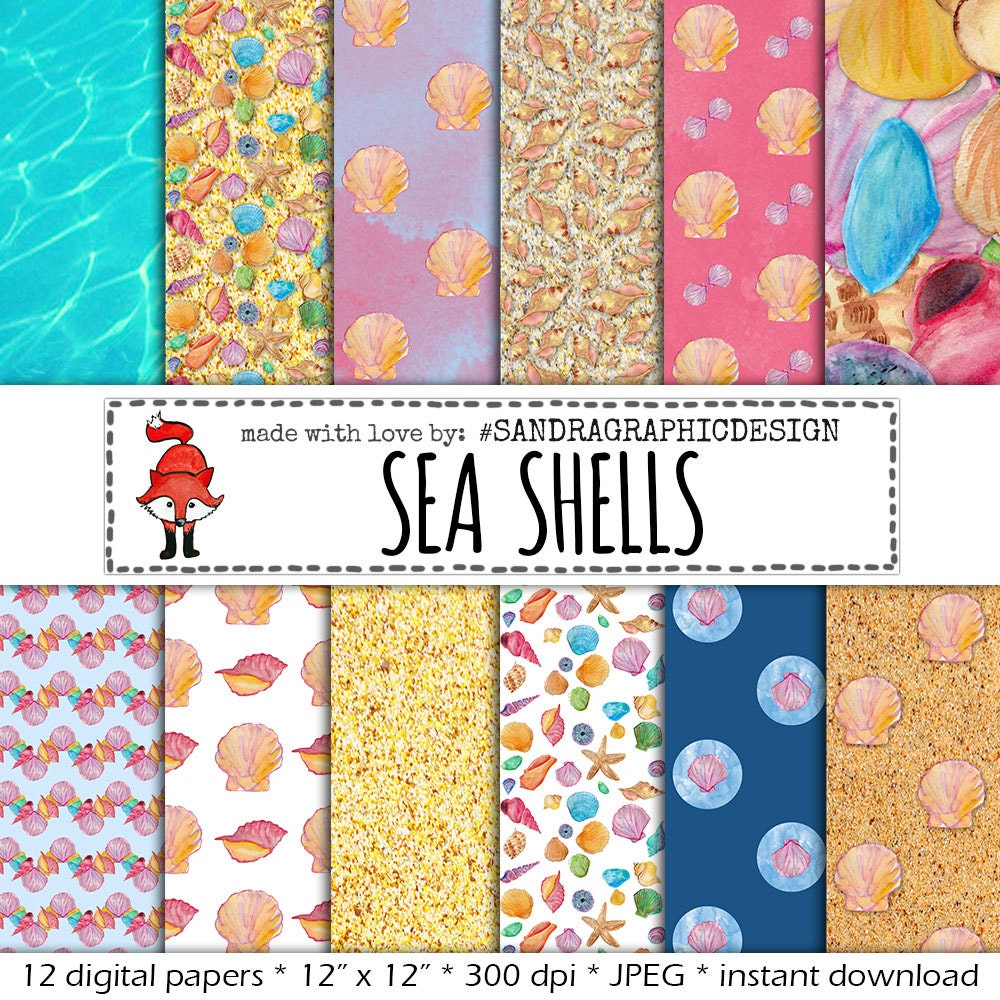 Sea shells digital paper: “SEA SHELLS” with happy colored papers with ...