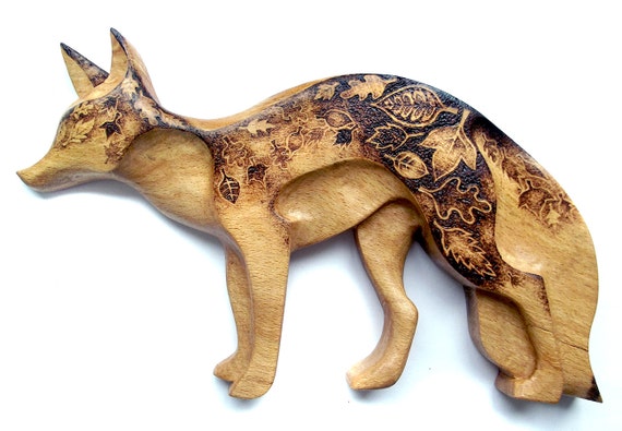 Carved Wood Fox Wall Hanging with Pyrography Wood burning