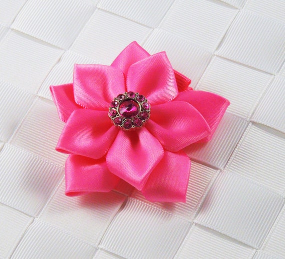 Hot Pink Flower Hair Bow Satin Ribbon Hair Bow by RedThreadBows