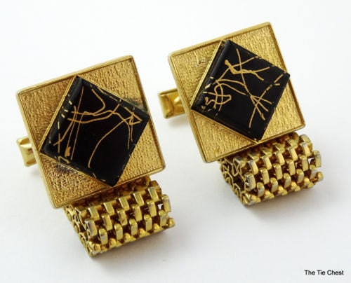 Wrap-Around Cufflinks Vintage 1960s 70s Art Deco Gold Tone Black ...