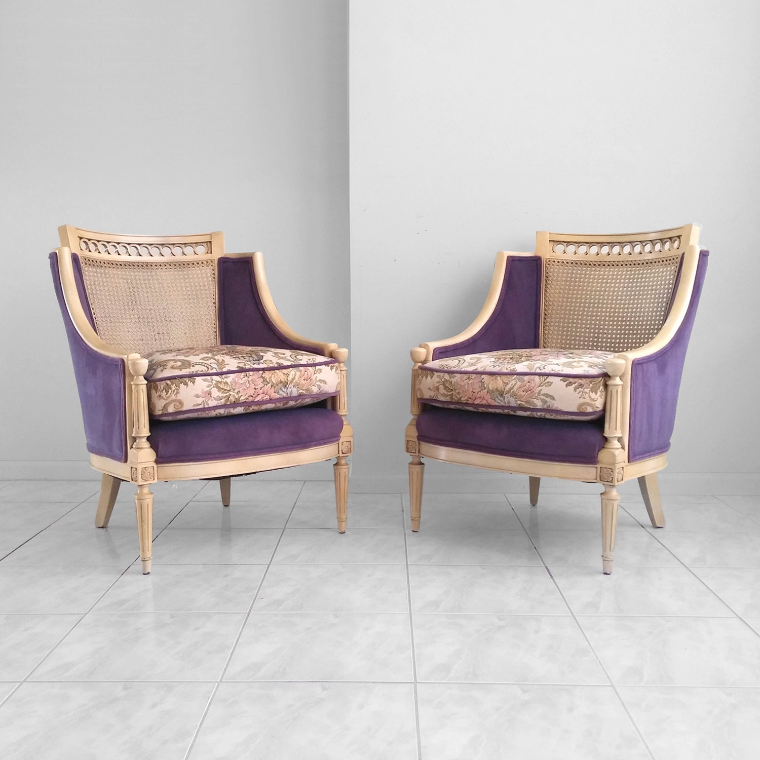 2 HOLLYWOOD REGENCY royal purple & floral tapestry FRENCH style parlor ...