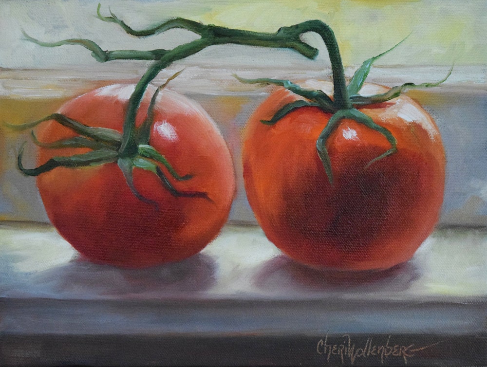 Still Life Painting Food Art Two Bright Red by OilPaintingsByCheri