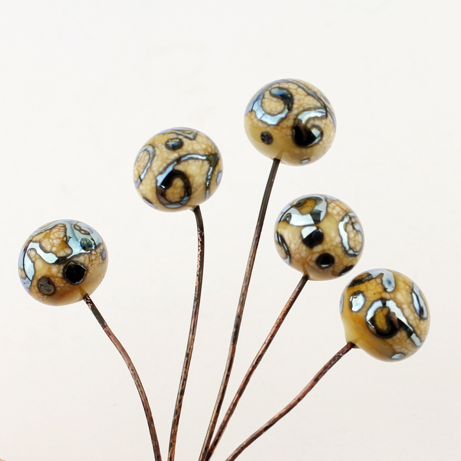 SRA Lampwork Glass Head Pins Antiqued Ivory with Iridescent