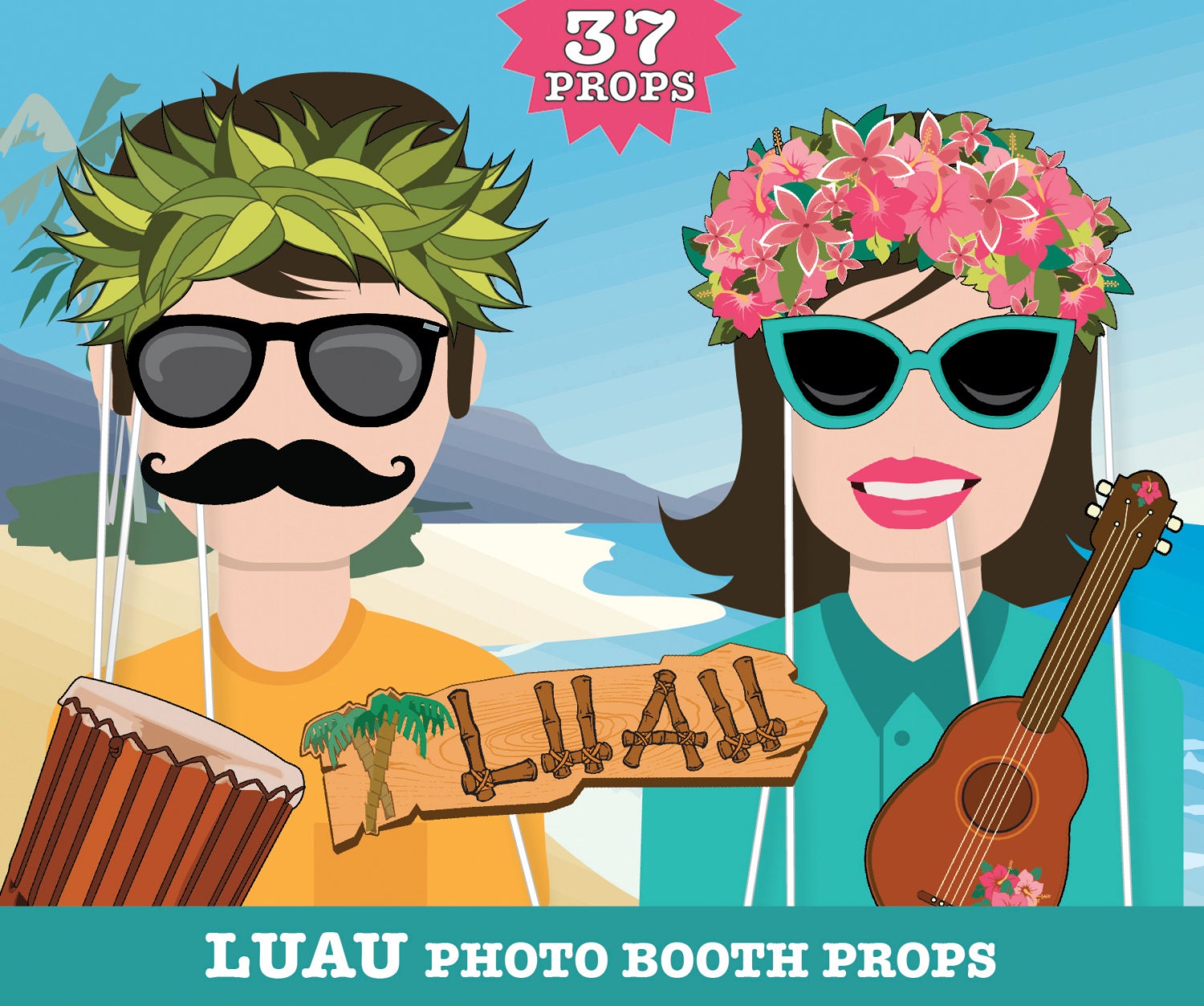 Hawaiian LUAU Photo Booth Props Luau Props Tropical Wedding
