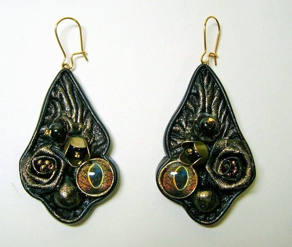 Black antiqued leather Gothic style earrings. by LeasBoutique