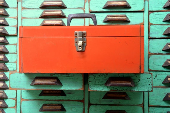Orange Steel Tool Box: Antique Hardware & Toolbox by MerlesVintage