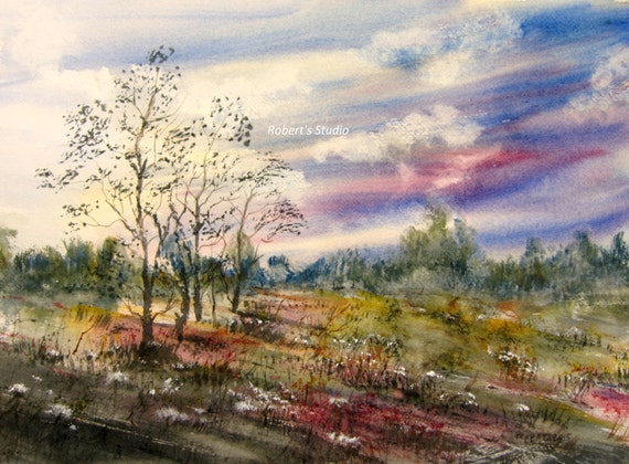 Meadow wildflowers watercolor landscape landscape painting