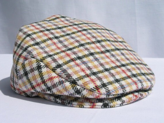 Wool Plaid Flat Cap Yellow Black Cream Plaid Newsboy 2-5