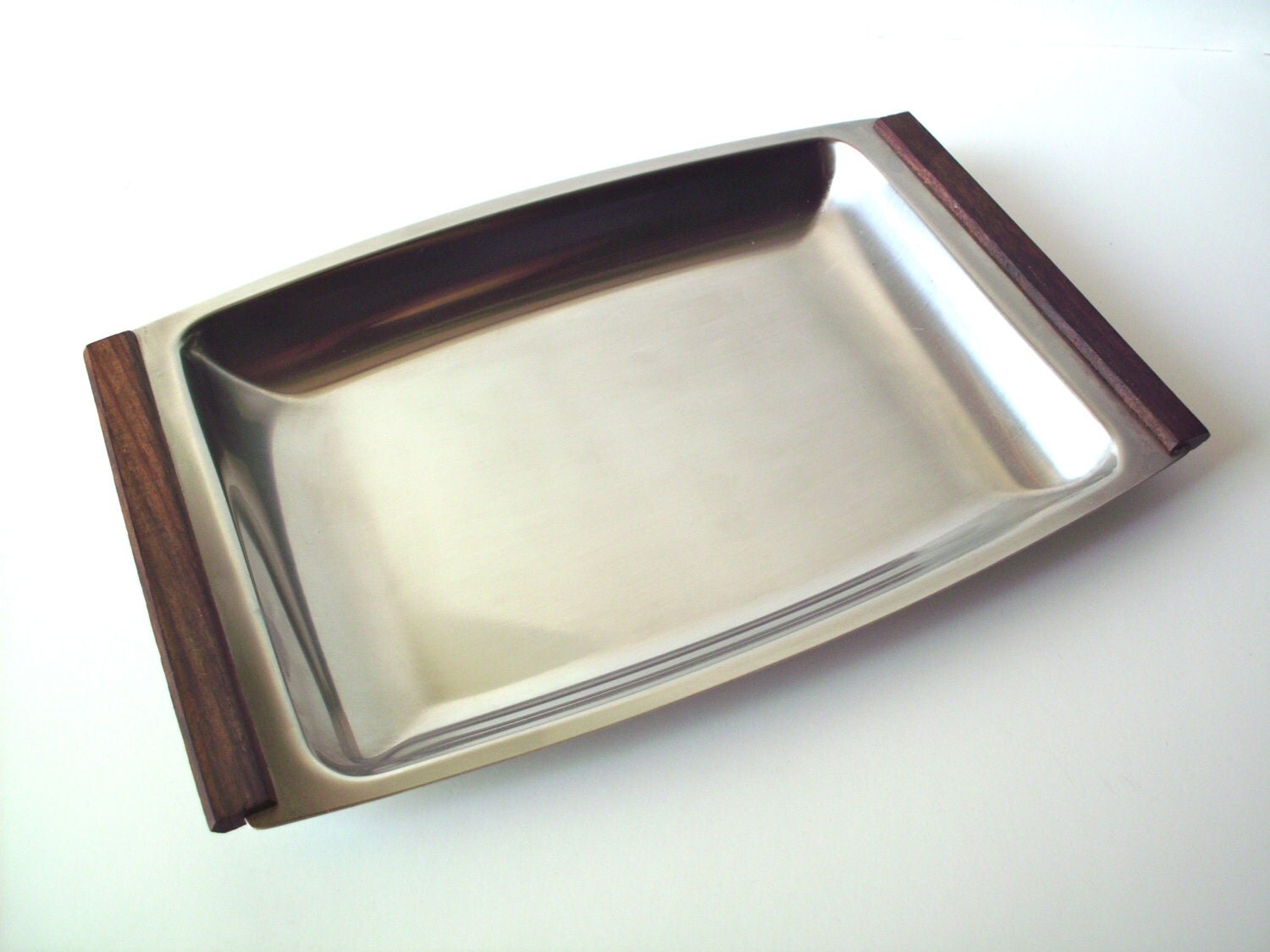 Vintage Mid-Century Modern Brushed Stainless Steel & Teak Serving Tray ...