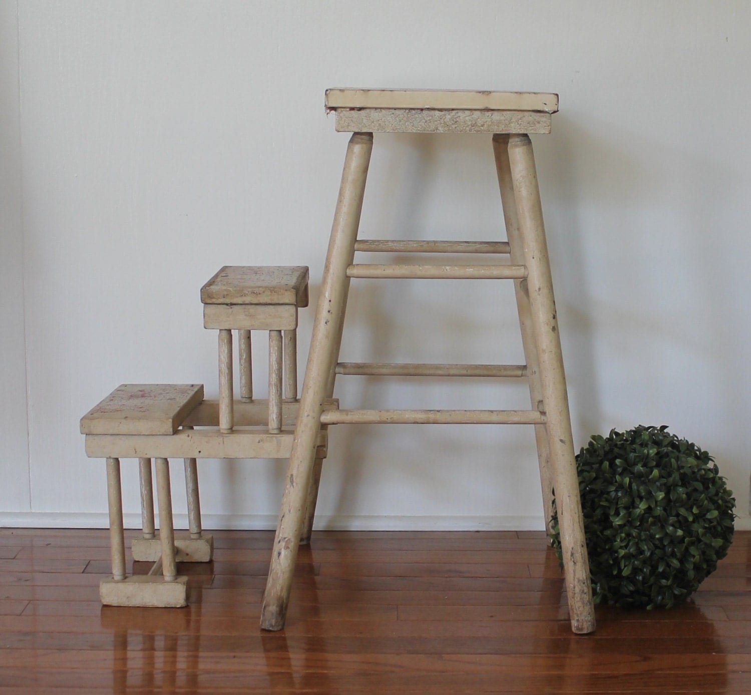Old Farmhouse Wood Step Stool with Folding Steps // White Chippy Paint ...