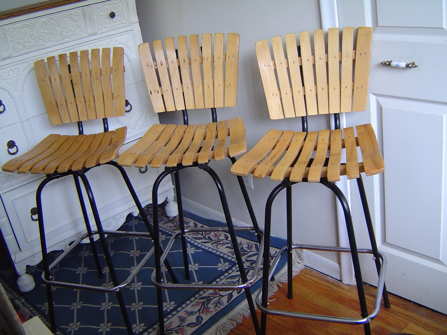 Three Slatted / Slat Wood Swivel Bar Stools, Mid Century Modern, Arthur ...