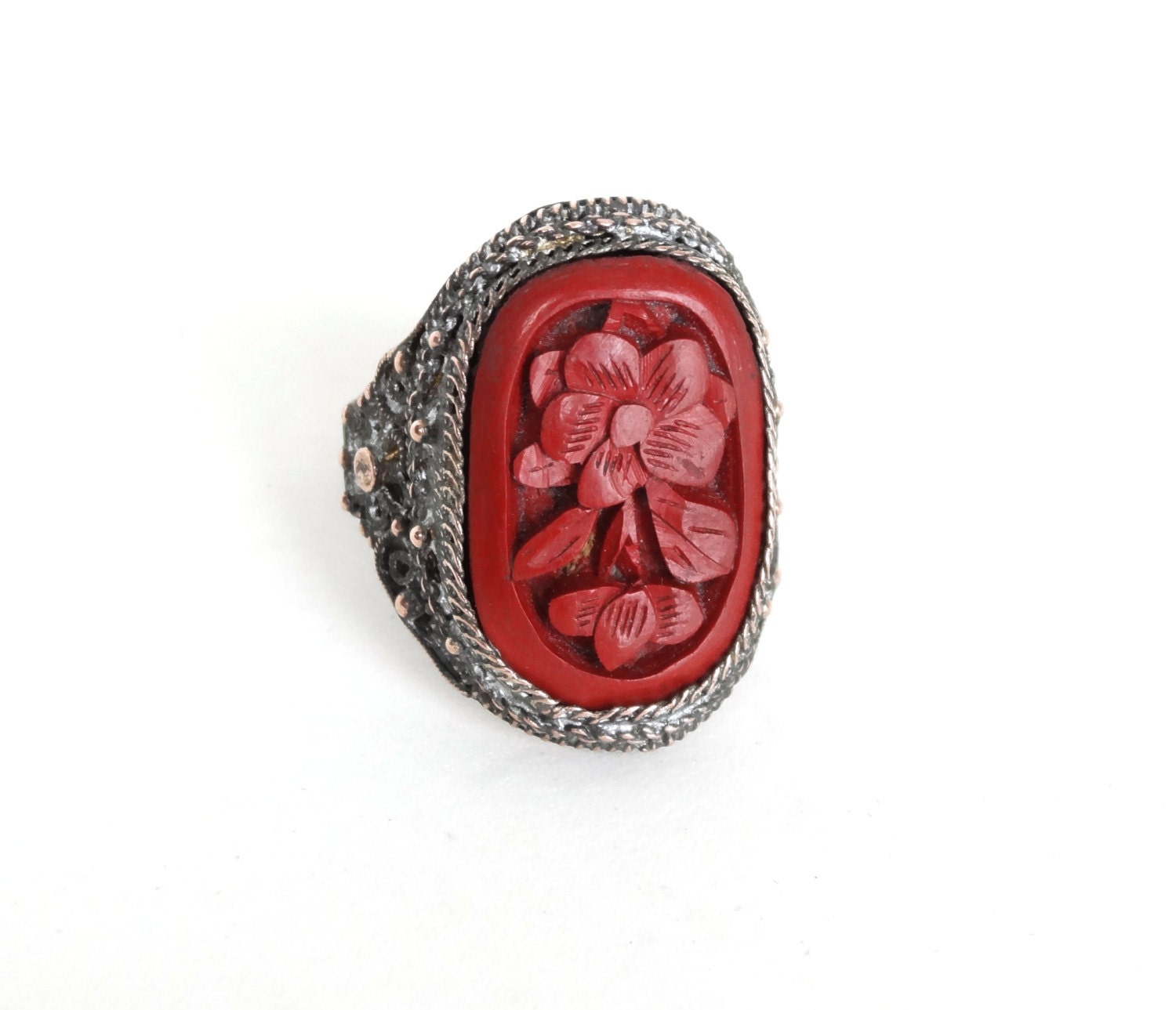 Antique Cinnabar Ring Carved Red Laquer Asian Flower Silver