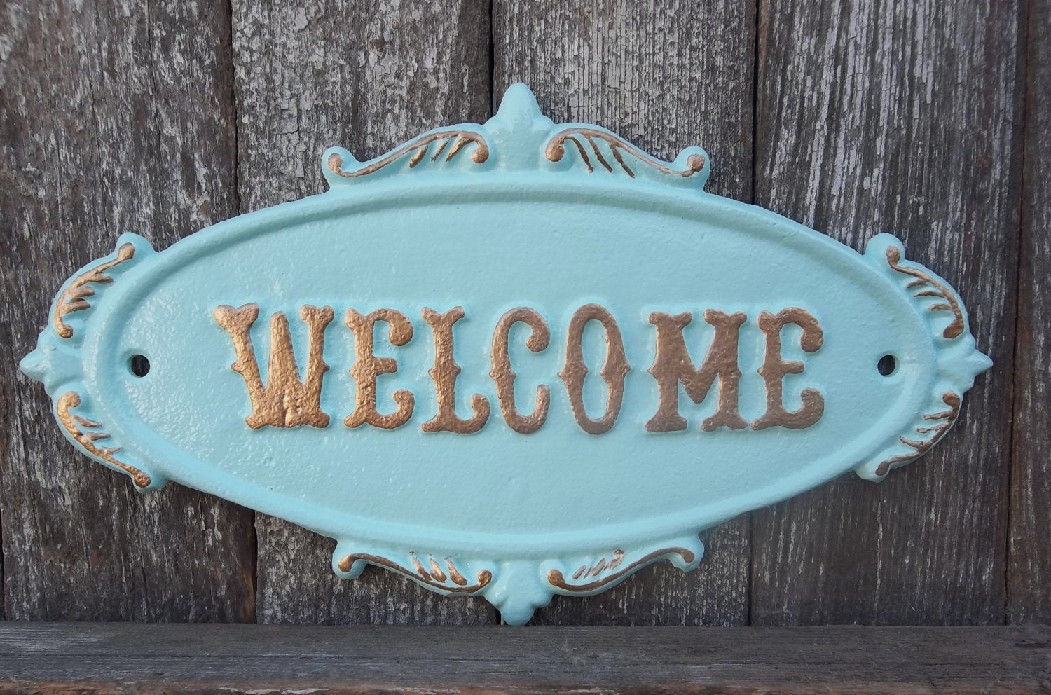 Rustic Cast Iron Welcome Sign Ocean Blue Home Decor