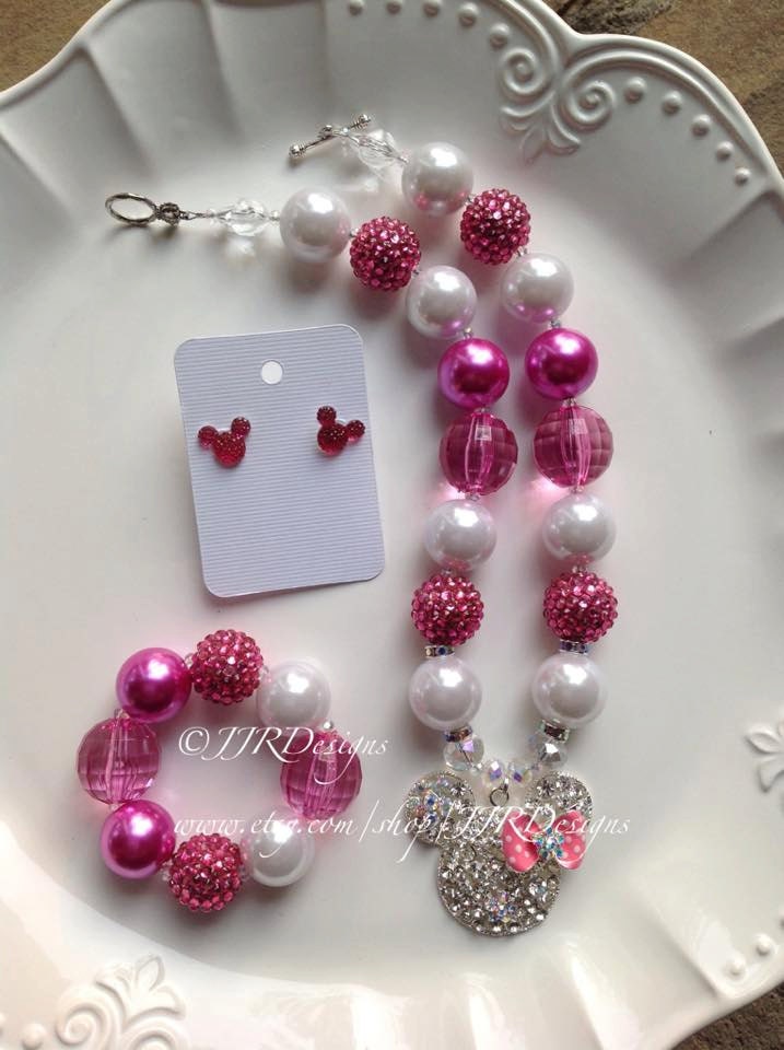 Minnie Mouse Inspired Girl Necklace Pink Rhinestone