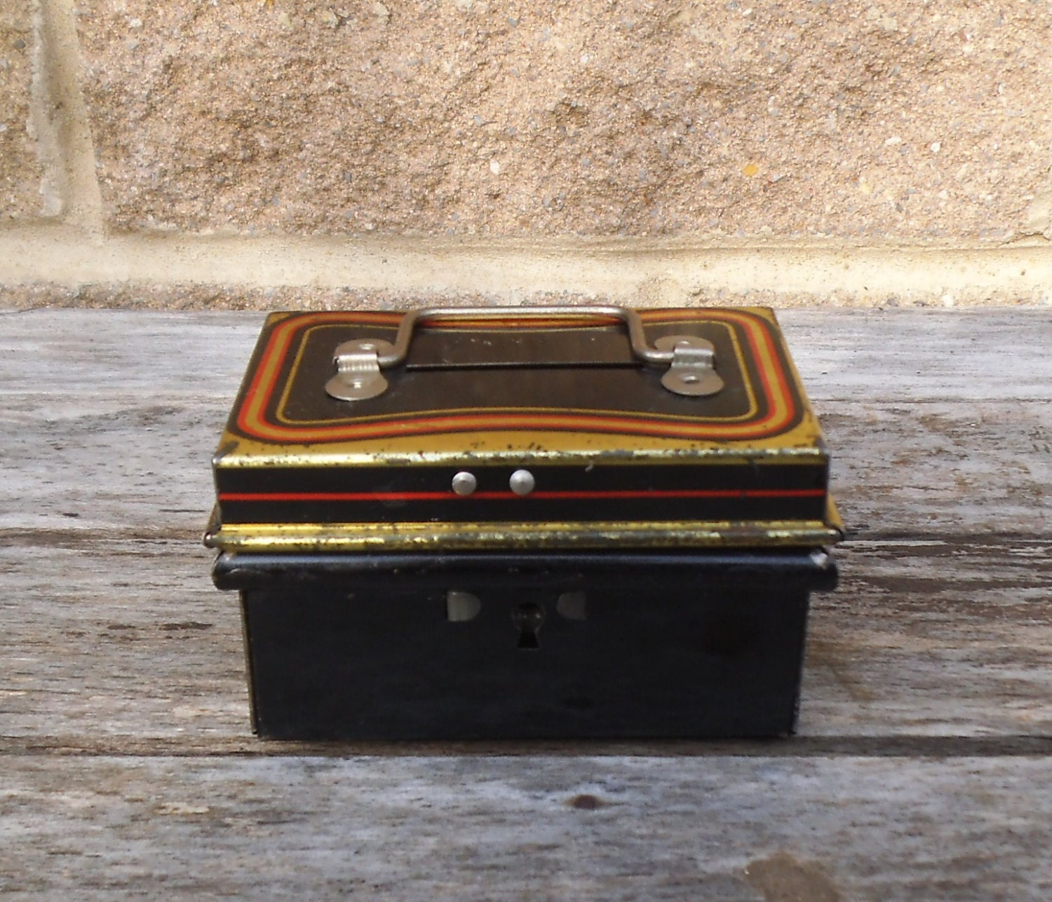 Small Metal Money Box in Red, Black and Gold with Handle. C. B. I. Made ...