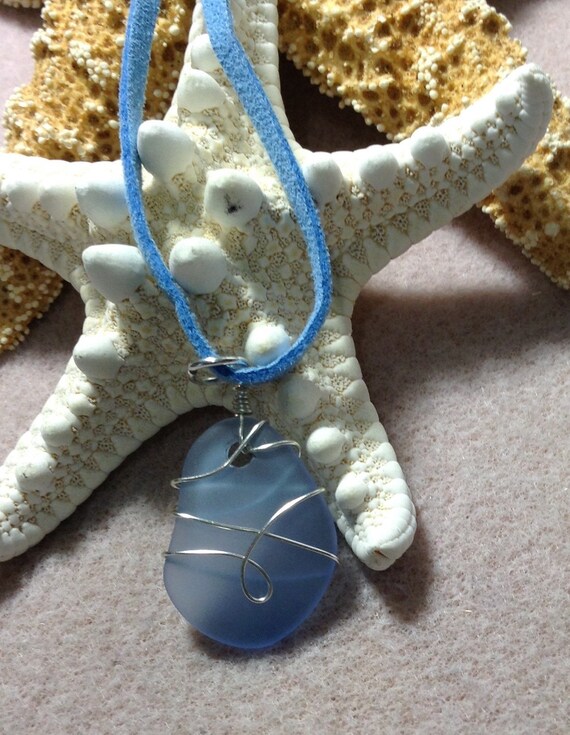 Blue Wire Wrapped Sea Glass Recycled On Blue Suede Tg6171774