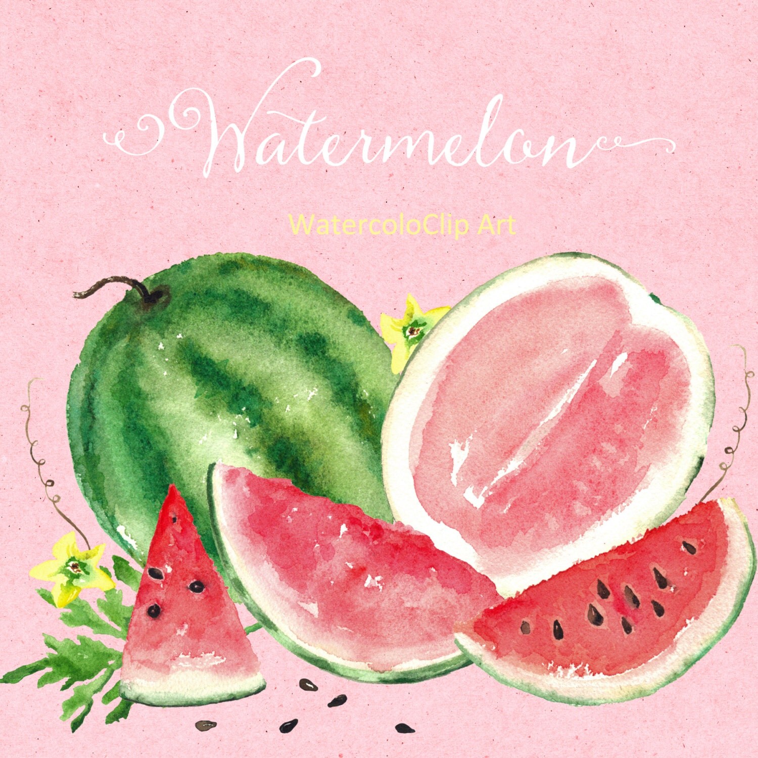 Watermelon watercolor clipart. Digital clipart hand drawn. SET