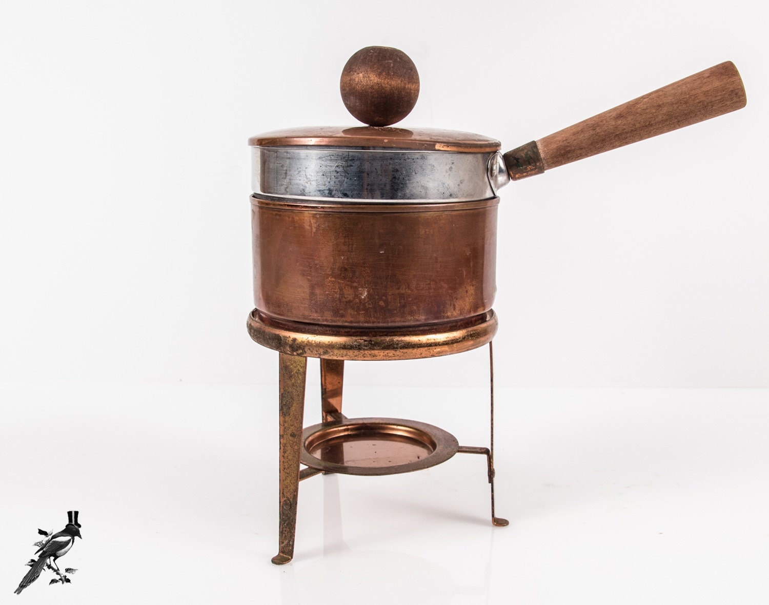 Vintage Rustic Copper Chafing Dish / Fondue Pot with Round Wooden Lid ...