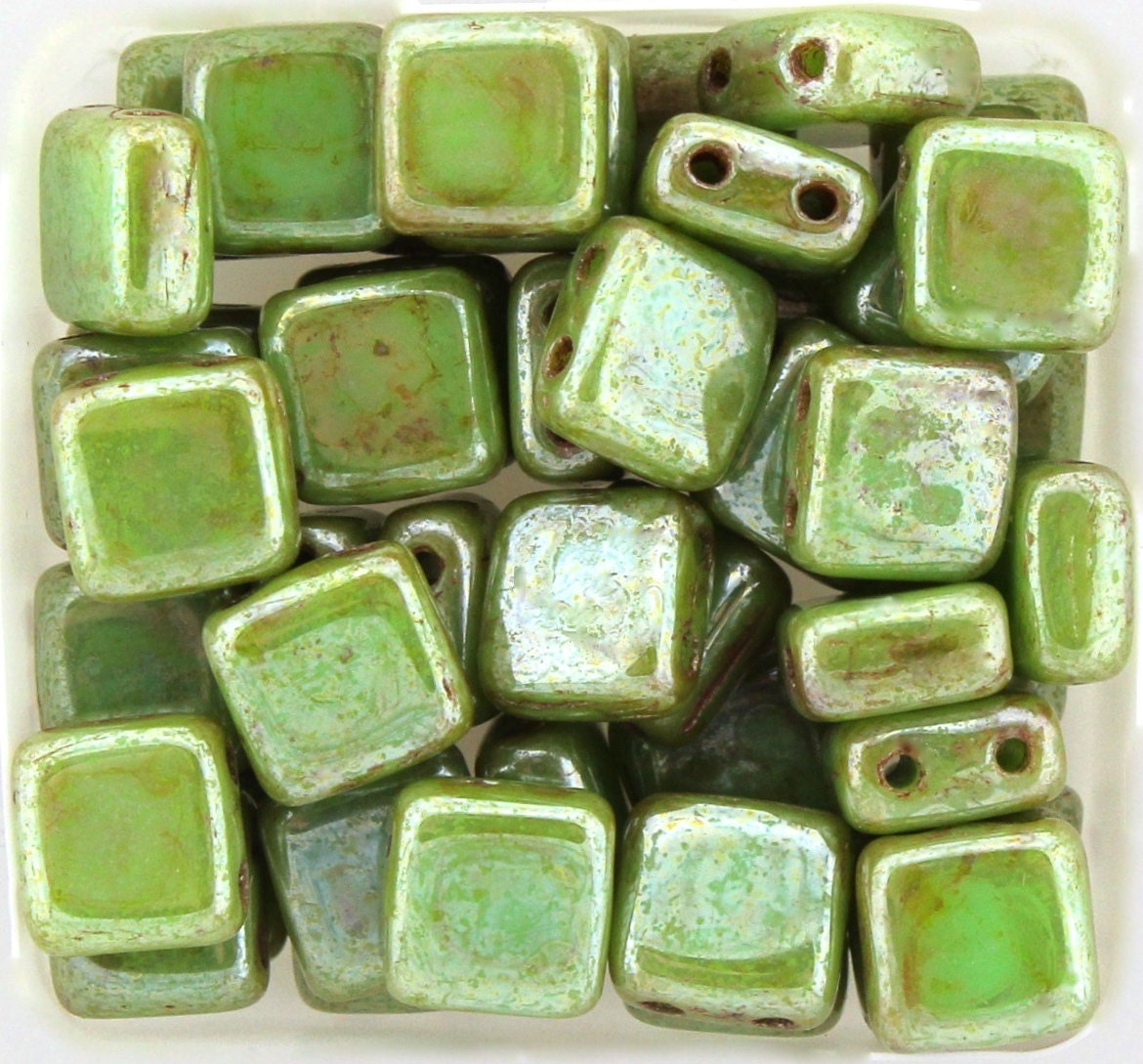 50pcs CzechMates 2 hole Tile beads Honeydew LUSTER PICASSO 6mm