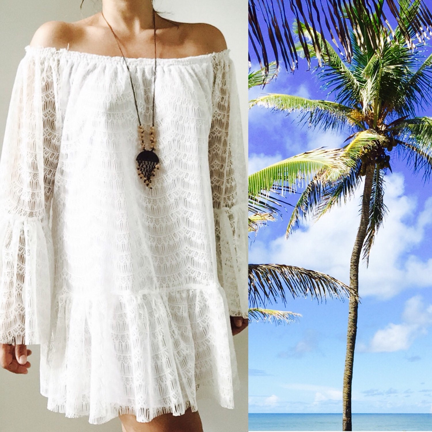 Lace Tunic Dress / White lace dress / Bell Bottom Long