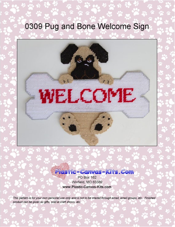 Pug Dog and Bone Welcome Sign-Plastic Canvas Pattern-PDF