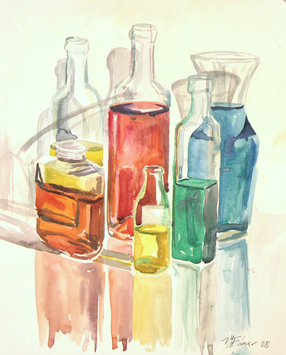 Original watercolor still life of glass bottles colorful