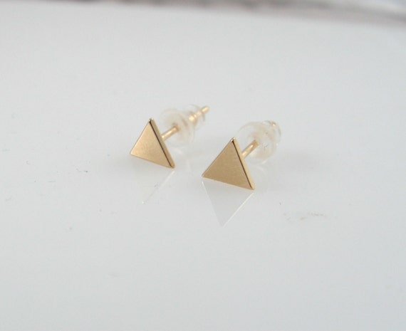 14K gold stud earrings. gold triangle earrings. gold by MayaOr